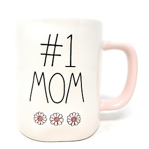 Rae Dunn #1 MOM Mug, With Pink Flowers and Handle, LL Coffee, Tea, Latte, Hot Drinks, Ceramic By Magenta, Mother's Day Birthday Holiday Gift, Gifts