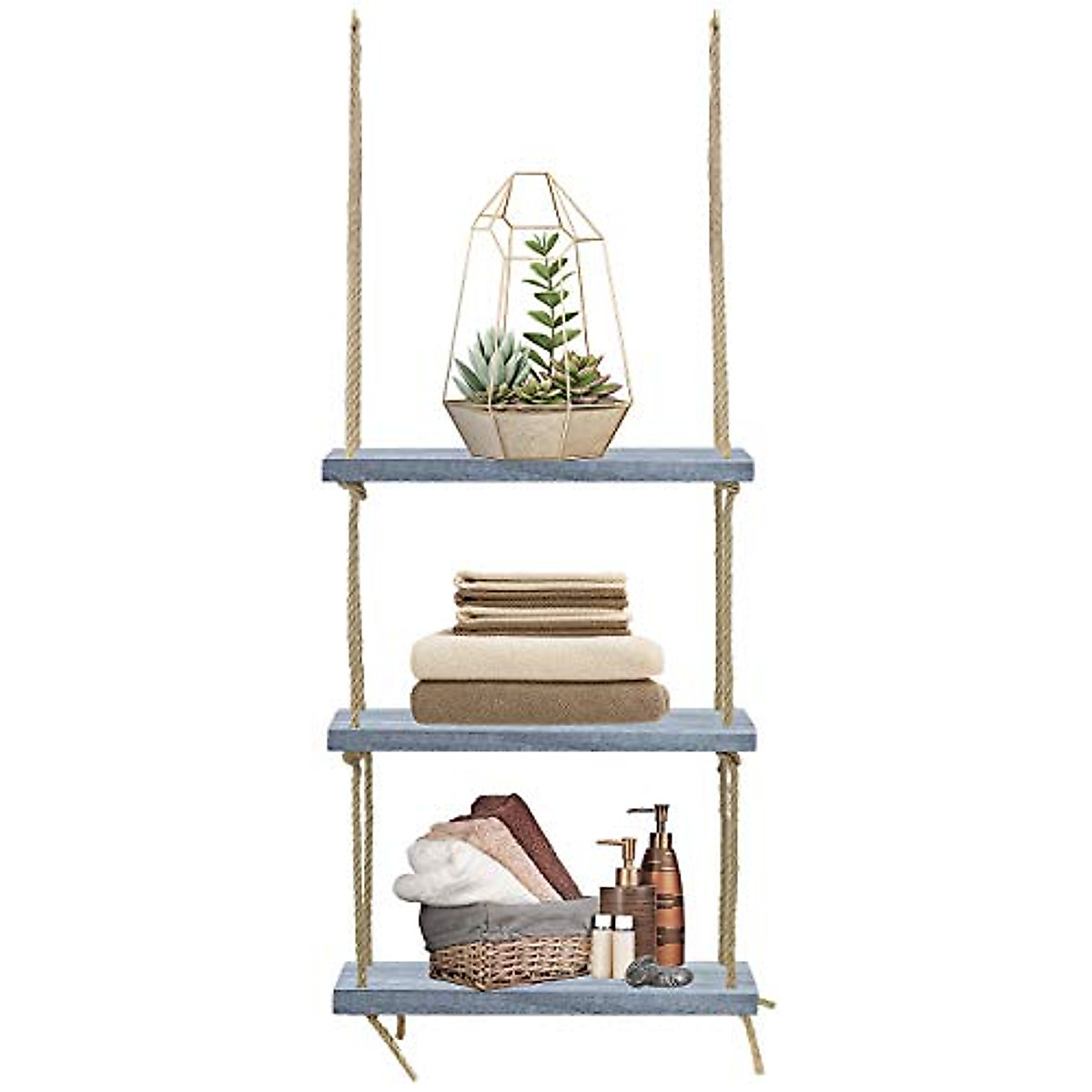 Sorbus Wood Hanging Shelf 3-Tier Rustic Wood Swing Storage Shelves Rope Organizer Rack, Floating Display Shelves (Grey)
