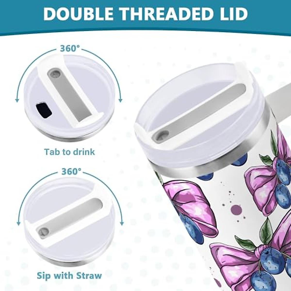 DIGTIA Stainless Steel Insulated Tumbler w/Handle & Straw, Bowknot Double Wall Vacuum Travel Coffee Mug Cup w/Lid, Leak-Proof Sports Blueberry Water Bottle,40oz