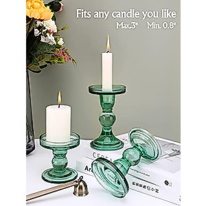 Lewondr Glass Candle Holders, 3 Pieces Crystal Clear Candlesticks with Elegant Design for Pillar Taper Candle and Tea Light, Home Table Living Room Wedding Party Decorations Home Décor - Green