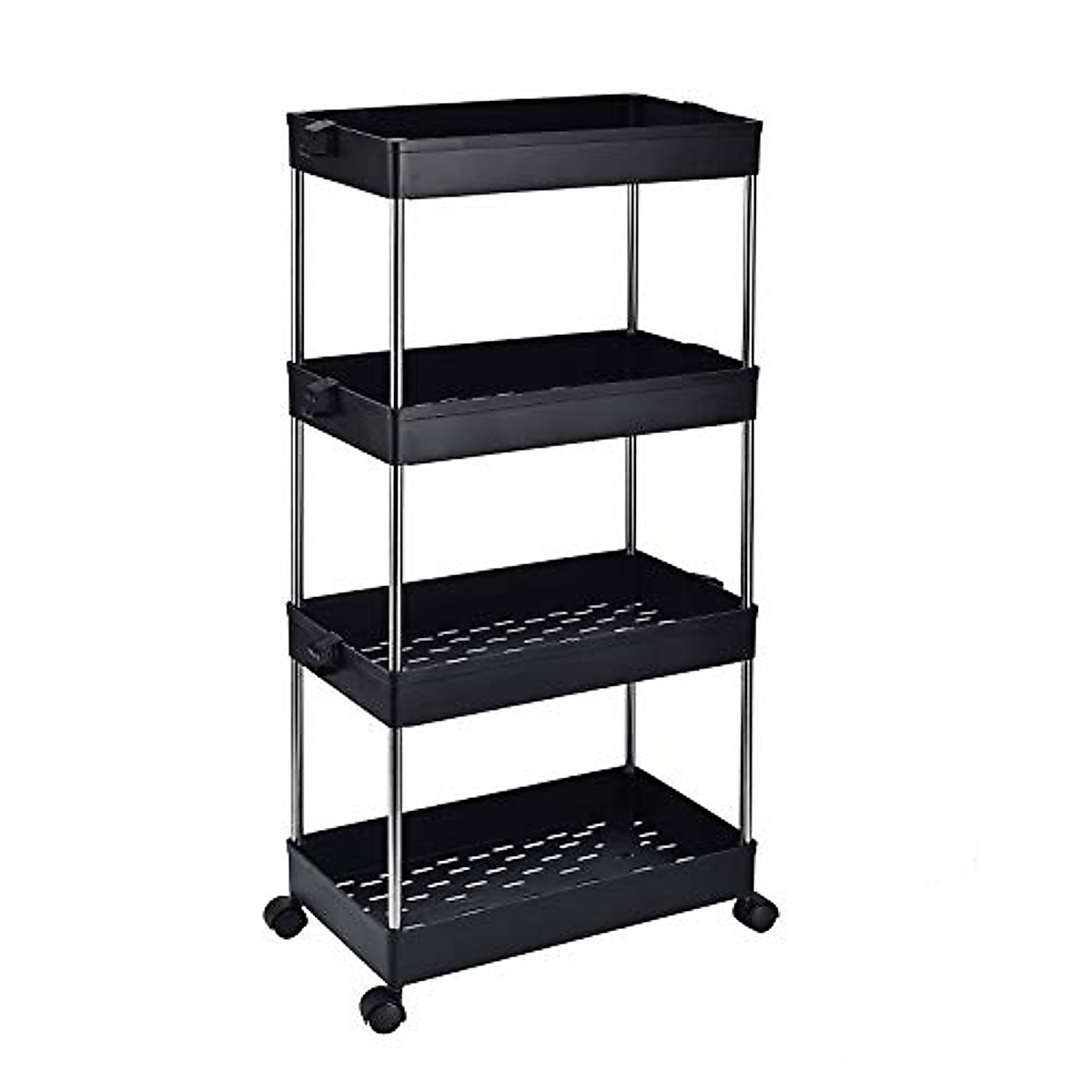 AHXML 4-Tier Storage Cart Rolling Utility Cart Storage Shelf Rack Mobile Storage Organizer Shelving for Office, Kitchen, Bedroom, Bathroom, Laundry Room & Dressers, Plastic & Stainless Steel, Black