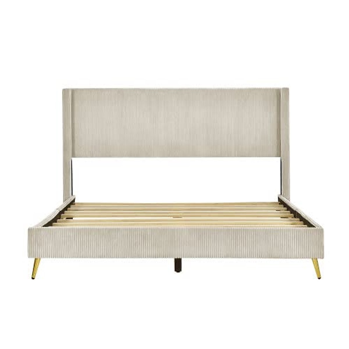 Queen Bed Frame Upholstered Platform with Headboard, Strong Frame and Wooden Slats Support, Corduroy Fabric Wrap, Non-Slip and Noise-Free,No Box Spring Needed, Easy Assembly (Beige)