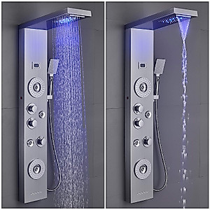 ROVOGO LED Shower Panel Tower System with Rainfall Waterfall Shower Head, 2 Body Jets, 4 Mist Spray, Tub Spout and Handheld, Shower Column with Temp Display, Black