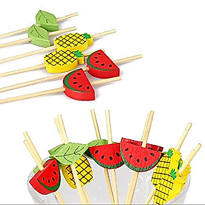 Minisland Mix-colored Fruits Watermelon Pineapple Leaf Cocktail Toothpicks 4.7 Inch Long Bamboo Skewers for Appetizers Drinks Hawaiian Party Food Picks 100 Counts- MSL115