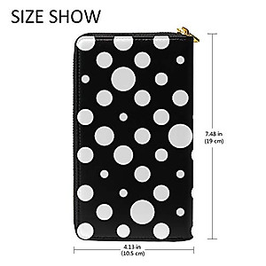 Art Vintage Black White Polka Dot Leather Womens Zipper Wallets Clutch Coin Case