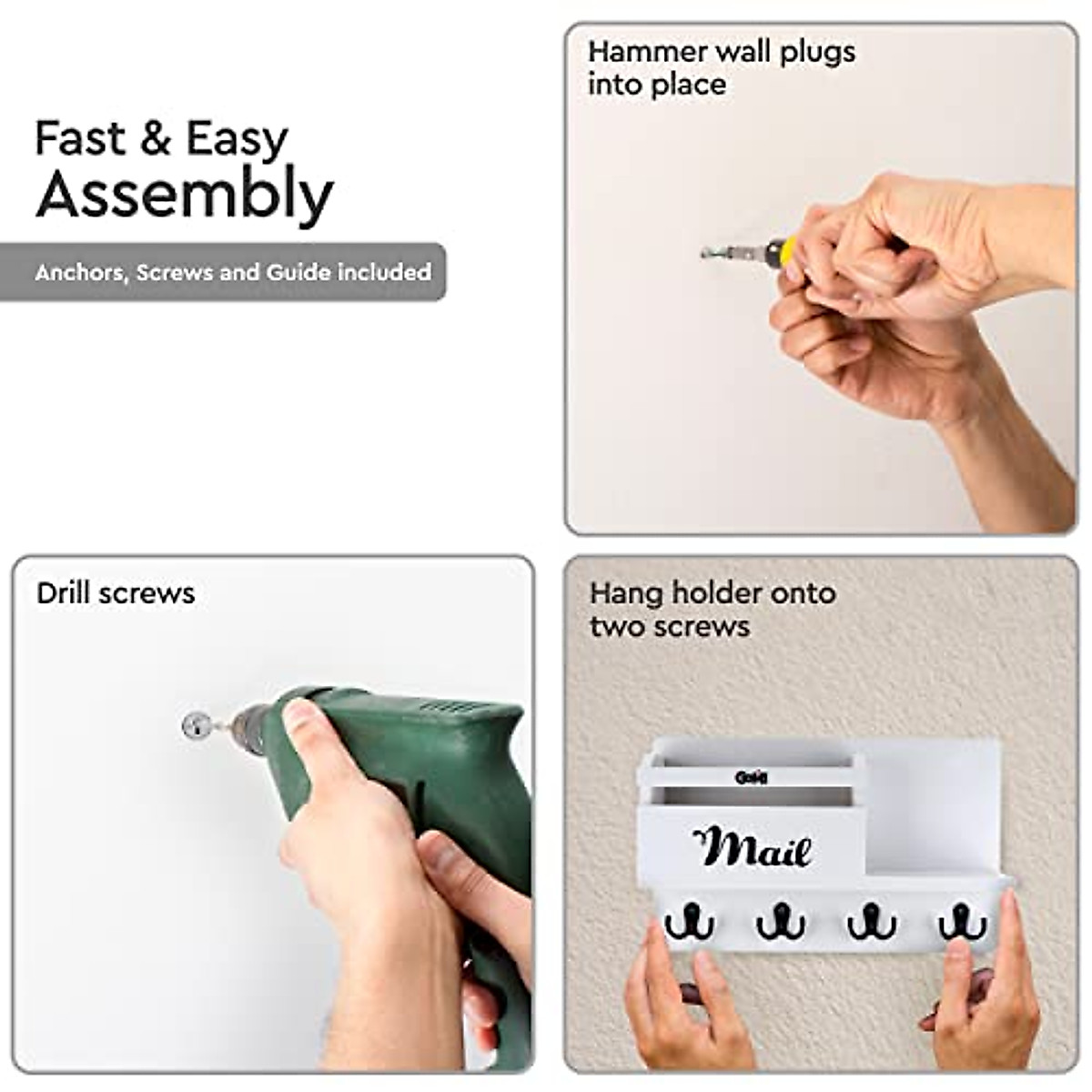 GoM1 Mail Holder Wall Mount - Mail Organizer with Hooks - Made with Pine Wood - Rustic Wood Key Holder for Home Décor-Light Gray,-15.75''W x 9.5''H x 3''D