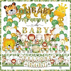 Safari Jungle Baby Shower Decorations, Jungle Animal Party Supplies Decor for Boy Girl Showers Birthdays with Banners Cake Topper Cupcake Topper Balloons Sash Corsage