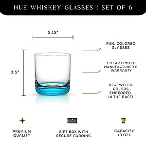 JoyJolt HUE Colorful Whiskey Set. 6pc Bar Glasses, 10oz Drink Glasses. Double Old Fashioned Glass - Modern Whiskey Glass Set, Low Ball Glasses, Tumbler Cocktail Glasses, Whiskey Glasses.
