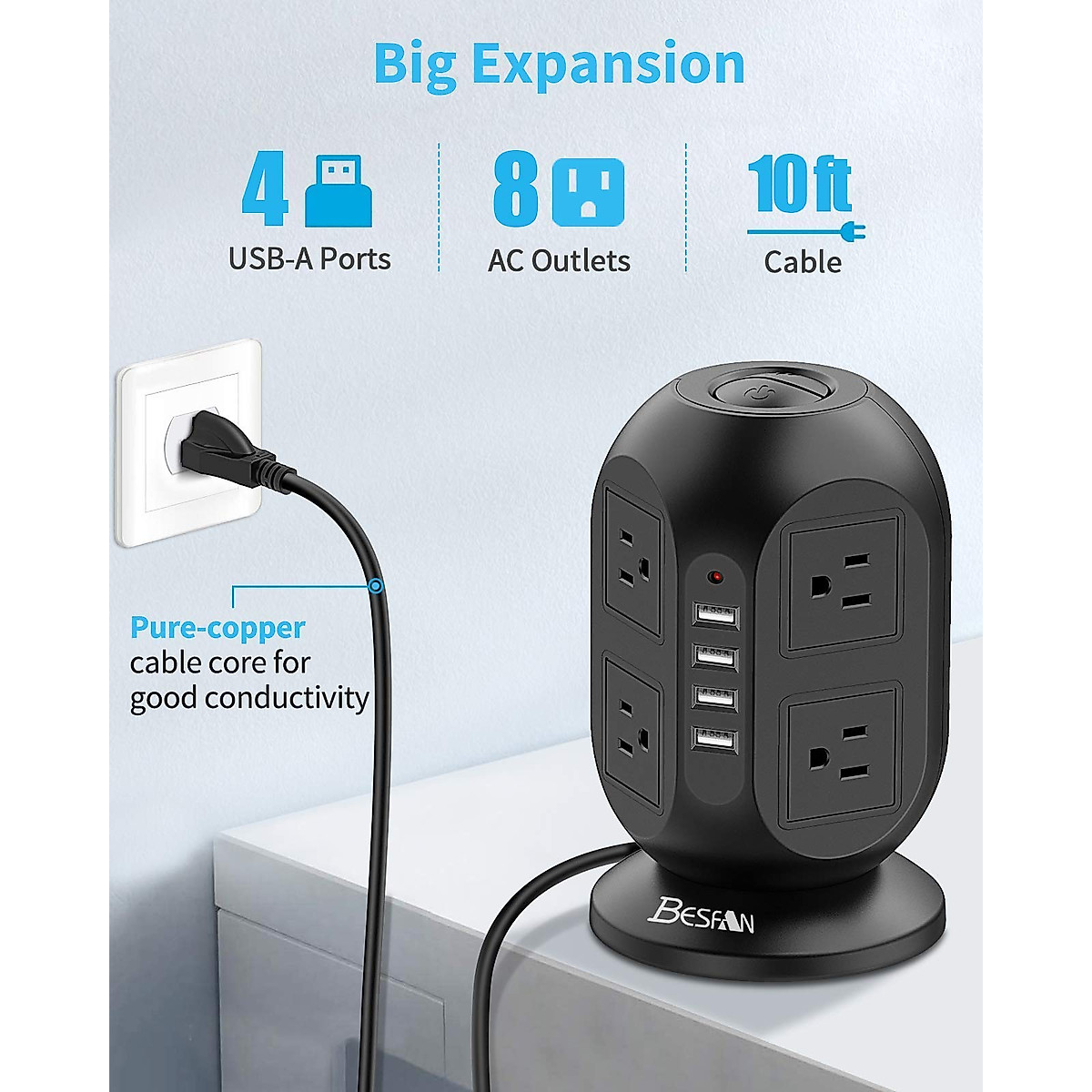 Surge Protection Power Strip Tower, BESFAN 10 FT Extension Cord with 8 AC Outlets and 4 USB Ports, Indoor Extension Cord with Overload Protection