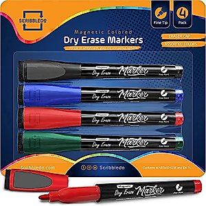 Scribbledo 4 Magnetic Dry Erase Markers Fine Tip Assorted Classic Colors Low Odor Whiteboard Markers with Eraser Cap Thin Skinny White Board Markers for Kids Adults Students Teachers Home & School