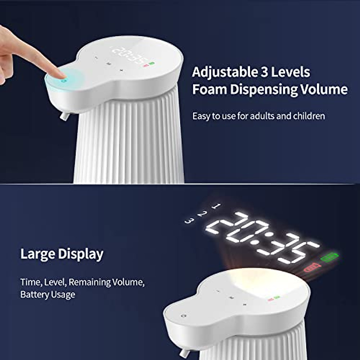HYHome 17oz/500ml Touchless Automatic Soap Dispenser, Foaming Soap Dispenser 3-level Adjustable, Display of Dispensing Level, Battery Level, Time, Low Liquid Reminder Suitable for Kitchen and Bathroom