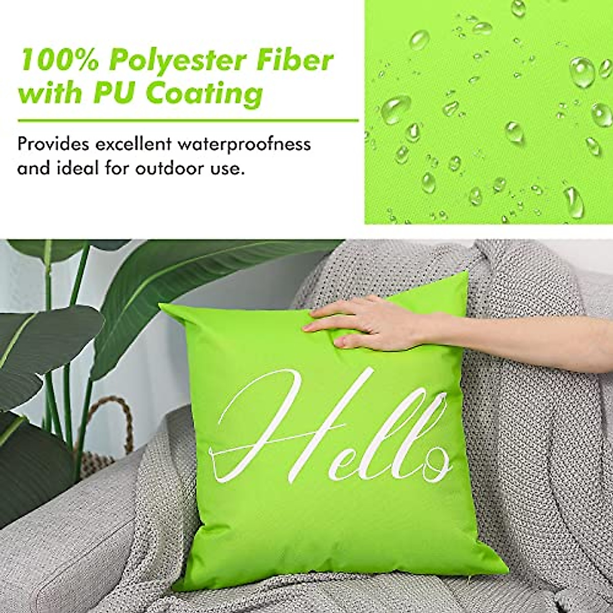 Lewondr Waterproof Throw Pillow Cover, 2 Pack Hello Printing Outdoor Throw Pillow Case UV Protection Garden Cushion Cover for Patio Sofa Couch Balcony Decor 18"x18"(45x45cm), Fluorescent Green