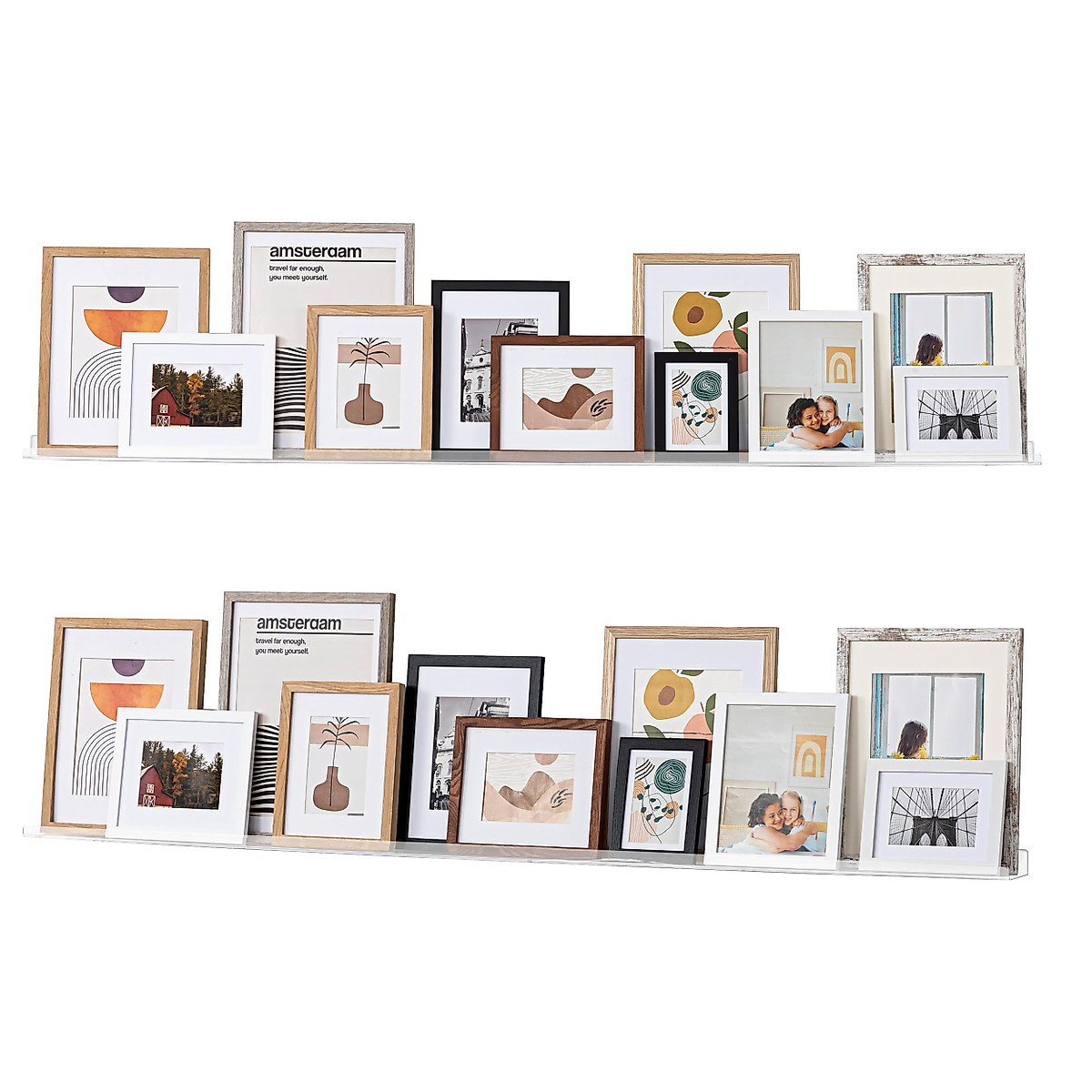 HBlife Acrylic Clear 2 Pack 72 Inch Floating Shelves, Picture Frames Display Rack Set of 2, Narrow Wall Mounted Picture Ledge Shelf for Living Room Bedroom Decor Books Photo Frames