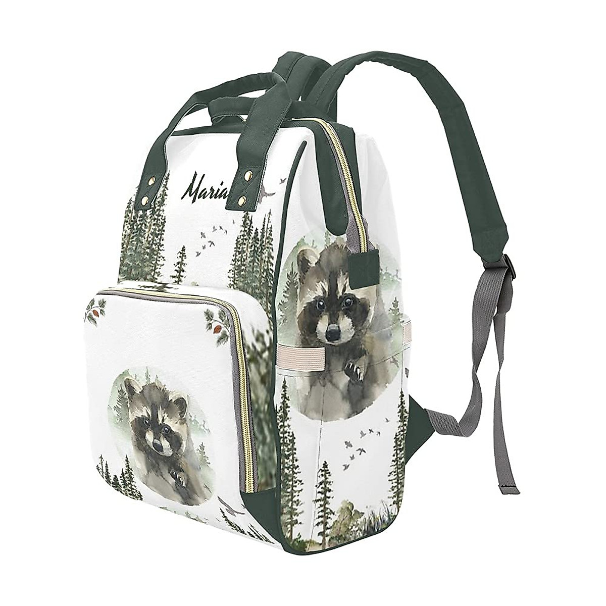 Woodland Forest Raccoon Diaper Bag Backpack with Name for Men Women Custom Personalized Nursing Baby Bags Shoulders Travel Bag Daypack