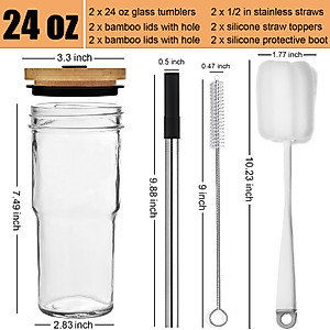 ALINK Glass Cups with Lids and Straws, 24 oz Mason Jar Drinking Glasses Tumbler with Silicone Boot, Tips, Brush, Reusable Iced Coffee Cups, Boba Tea Smoothie Cups - 2 Black