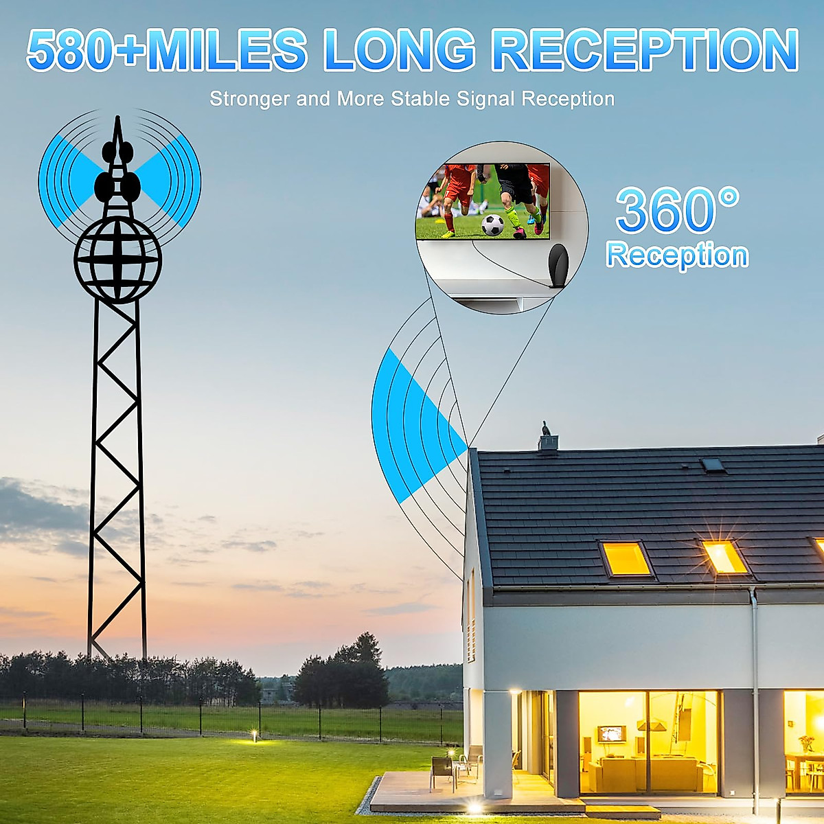 LUPATDY Digital Antenna for Smart tv, 2025 Upgraded Outdoor/Indoor HD Digital Portable TV Antenna with Signal Booster Long 900+ Miles Range Support All TV with 4K 1080p Antenna para TV-32.8ft Coaxial