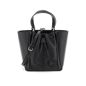 Tory Burch Women's McGraw Drawstring Leather Satchel Black Pebbled Leather Handbag