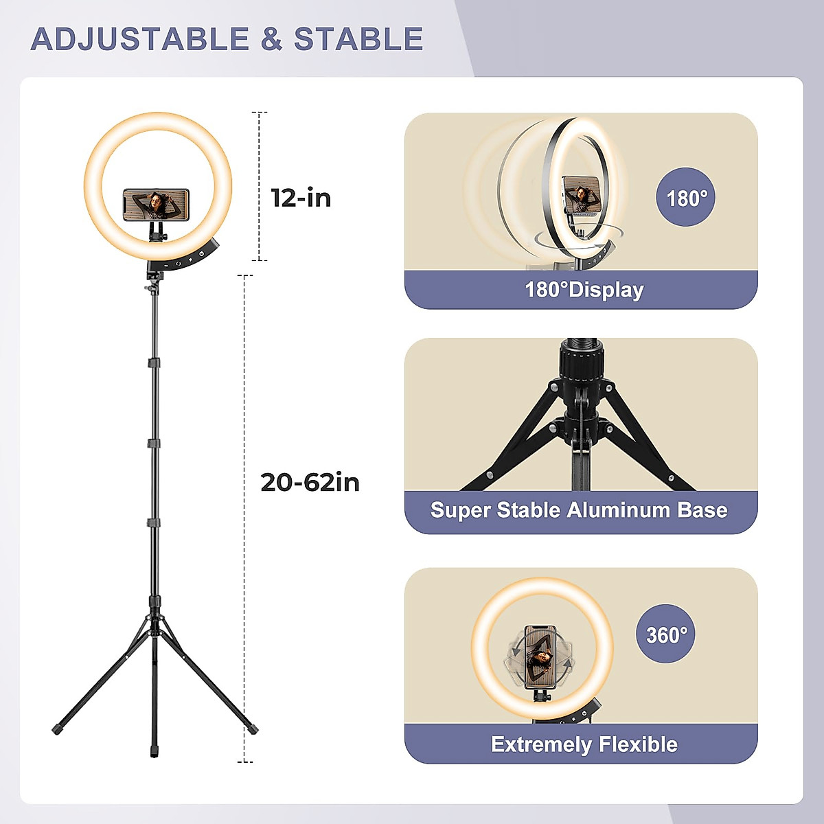 Sensyne 12" Ring Light with 62" Tripod Stand, LED Selfie Circle Light with Strong Magnectic Phone Holder Compatible with Cellphones for Live Stream/Recording/Photography/YouTube/TikTok