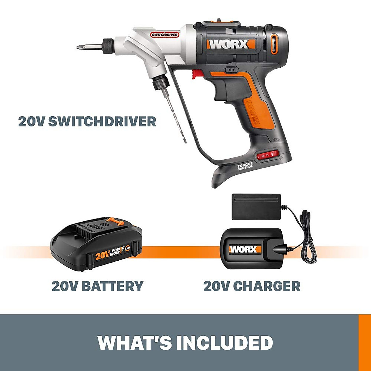 Worx WX176L.8 20V Power Share Switchdriver 2.0Ah 2-in-1 Cordless Drill & Driver (2.0Ah)
