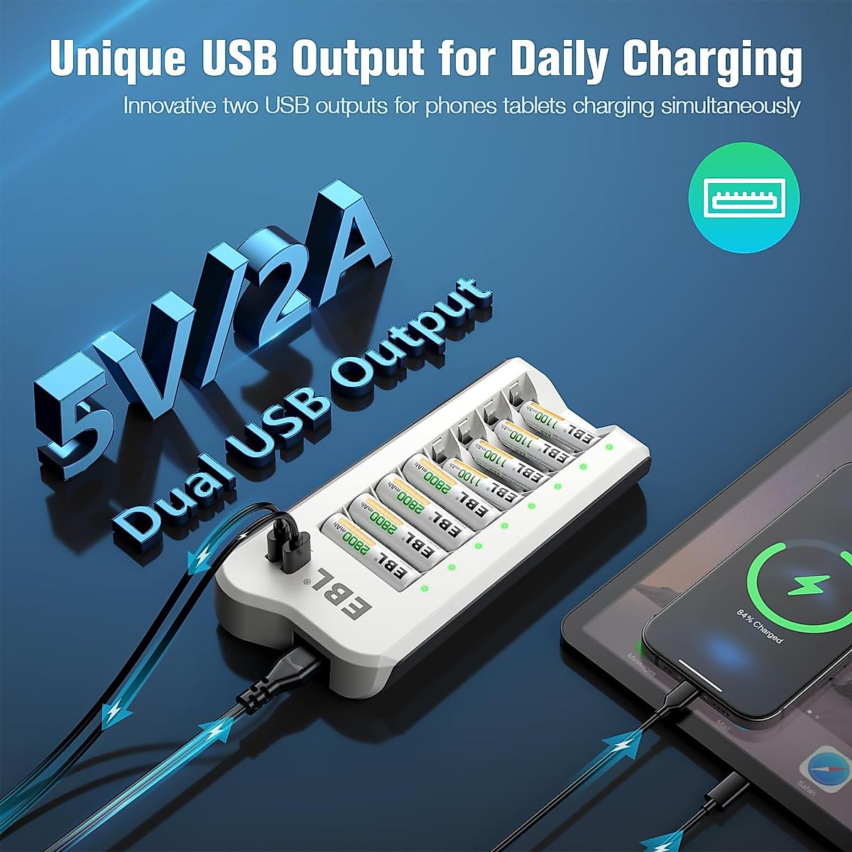 EBL AA AAA Battery Charger, 8 Slot Independent Charger for NiMH NiCD Rechargeable Batteries with 2 USB Fast Charging Ports