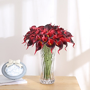 JUSTOYOU 20pcs Artificial Calla Lily 13" Fake White Flowers Wedding Bouquet Real Touch Latex Flower for Bride Wedding Home Decor (Dark Red)