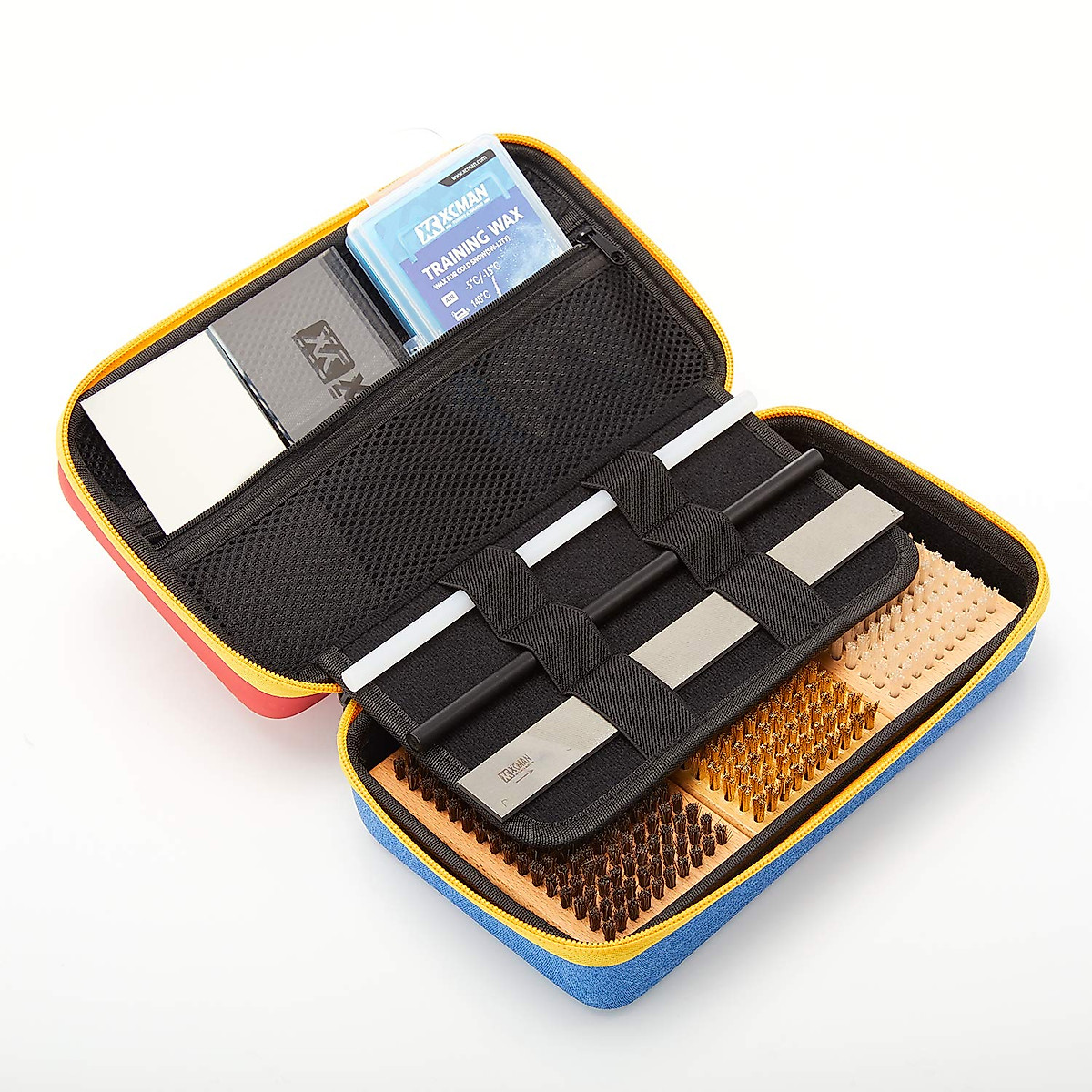 XCMAN Ski and Snowboard Waxing and Tuning Kit with Wax Brush Box for Traveling and Storage (Rigid Box with Tuning Tools) Red+Blue Box