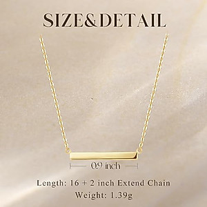 FANCIME 14K Real Solid Gold Bar Necklace 1.39g Simple Gold Pendant Horizonal Bar Necklace Daily Wear Fine Jewelry for Women 16”+2” Extender