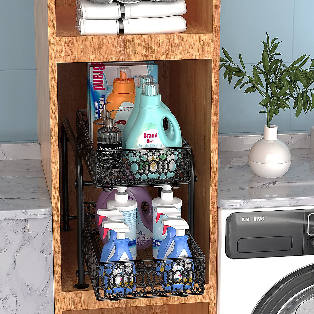 Pull Out Cabinet Organizer, 2-Tier Under Sink Organizer with Sliding Storage Basket Drawers, Metal Under Sink Organizers and Storage for Bathroom and Kitchen Under Sinks, Cabinets and Countertops