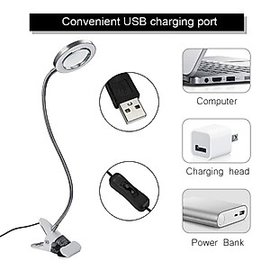 2.5X Magnifying Lamp, ATOMUS LED USB Rechargeable Tattoo Beauty Magnifier Lamp with Metal Clip for Eyebrow Tattoo Manicure Eyelash Extension Read