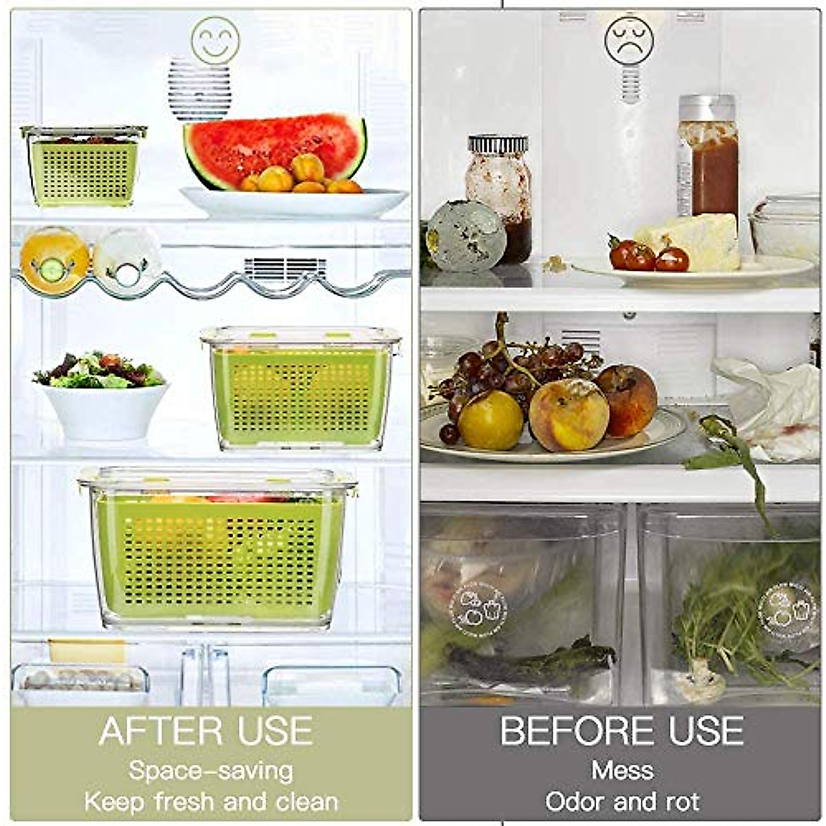 LUXEAR Fresh Container, 3PACK Produce Saver Container BPA Free Fridge Organizer for Vegetable Fruit and Salad Partitioned Food Storage Container with Vents Stay Fresh Containers Not Dishwashers Safe