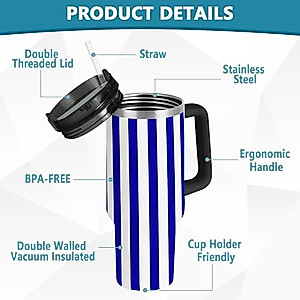 Flradish 40oz Tumbler with Handle, Navy Blue White Stripes Stainless Steel Tumbler with Lid and Straws Double Wall Vacuum Insulated Leakproof Coffee Travel Mug