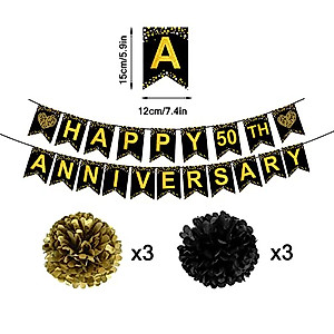 DARUNAXY 50th Wedding Anniversary Decorations Kit, Happy 50th Anniversary Black Gold Glitter Banner for Women, 6PCS Poms, 10PCS Hanging Swirls for Cheer to 50 Anniversary Party Supplies for Men(17PCS)