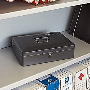 SentrySafe Cash Box with Money Tray and Key Lock, Locking Steel Cash Box, 0.21 Cubic Feet, 3.7 x 11.8 x 9.3 Inches, CB-12