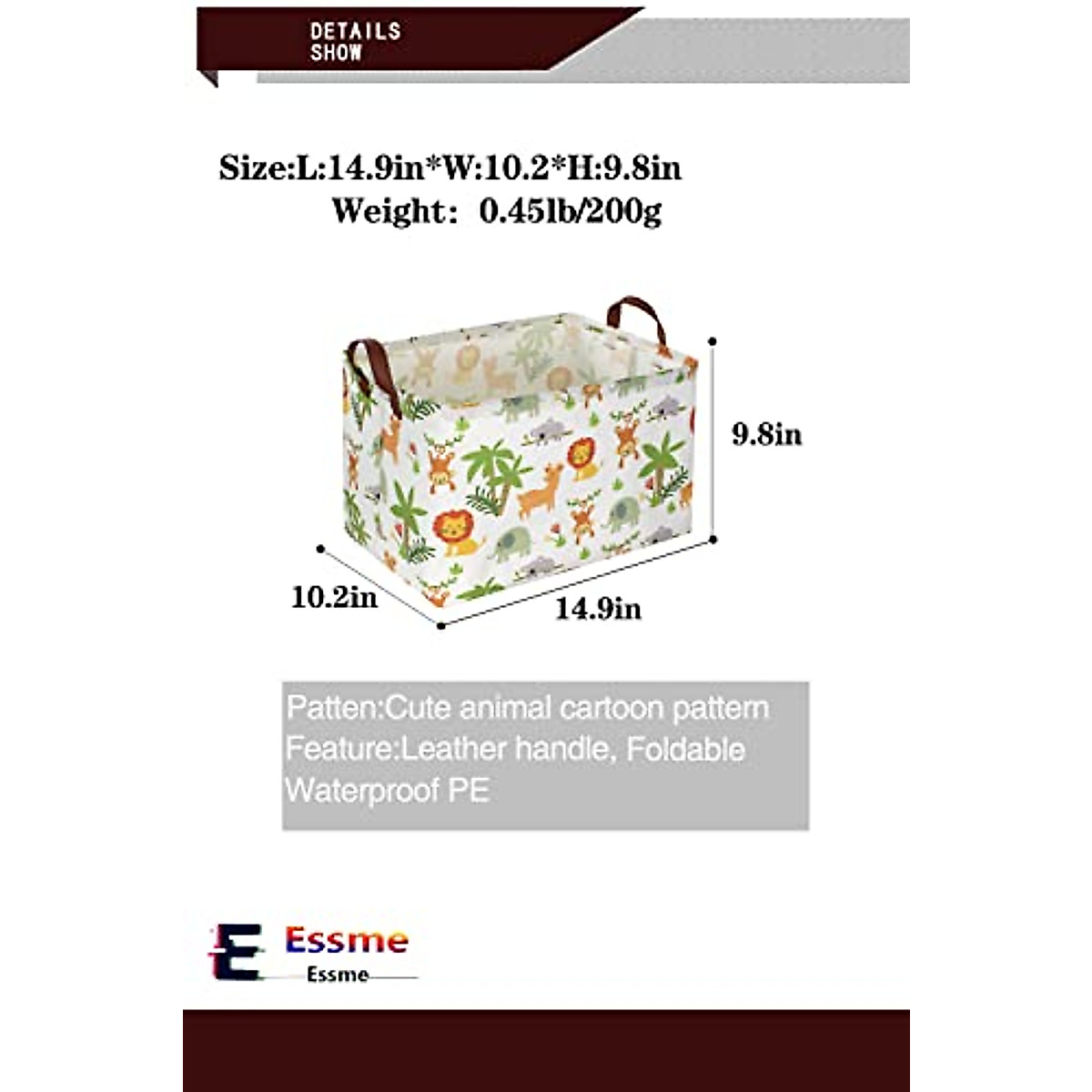 Essme Rectangular Baby Storage Basket,Green Basket,Nursery Storage Bin Organizer with Handles for Jungle Decor,Shelf Basket,Toy Box,Animal Basket.(Jungle animal)