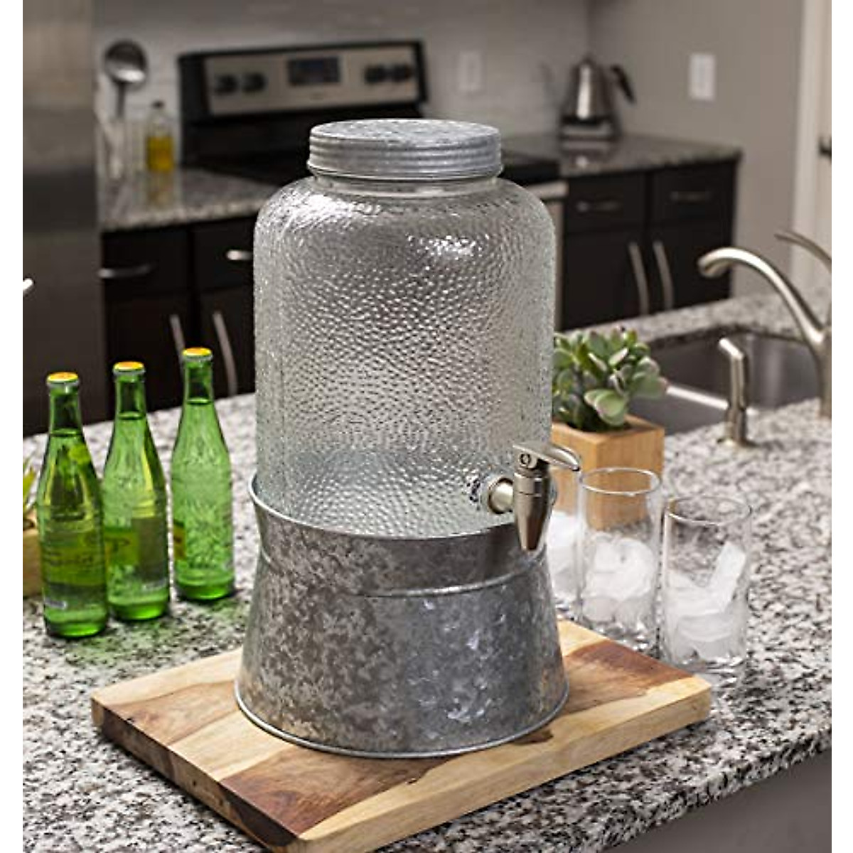 BirdRock Home 2.5 Gallon Pebbled Glass Beverage Dispenser with Galvanized Stand - Lid - Spigot - Decorative Round Jar for Drinks - Lemonade Sangria Tea Water Drink Jar Jug - Home Parties