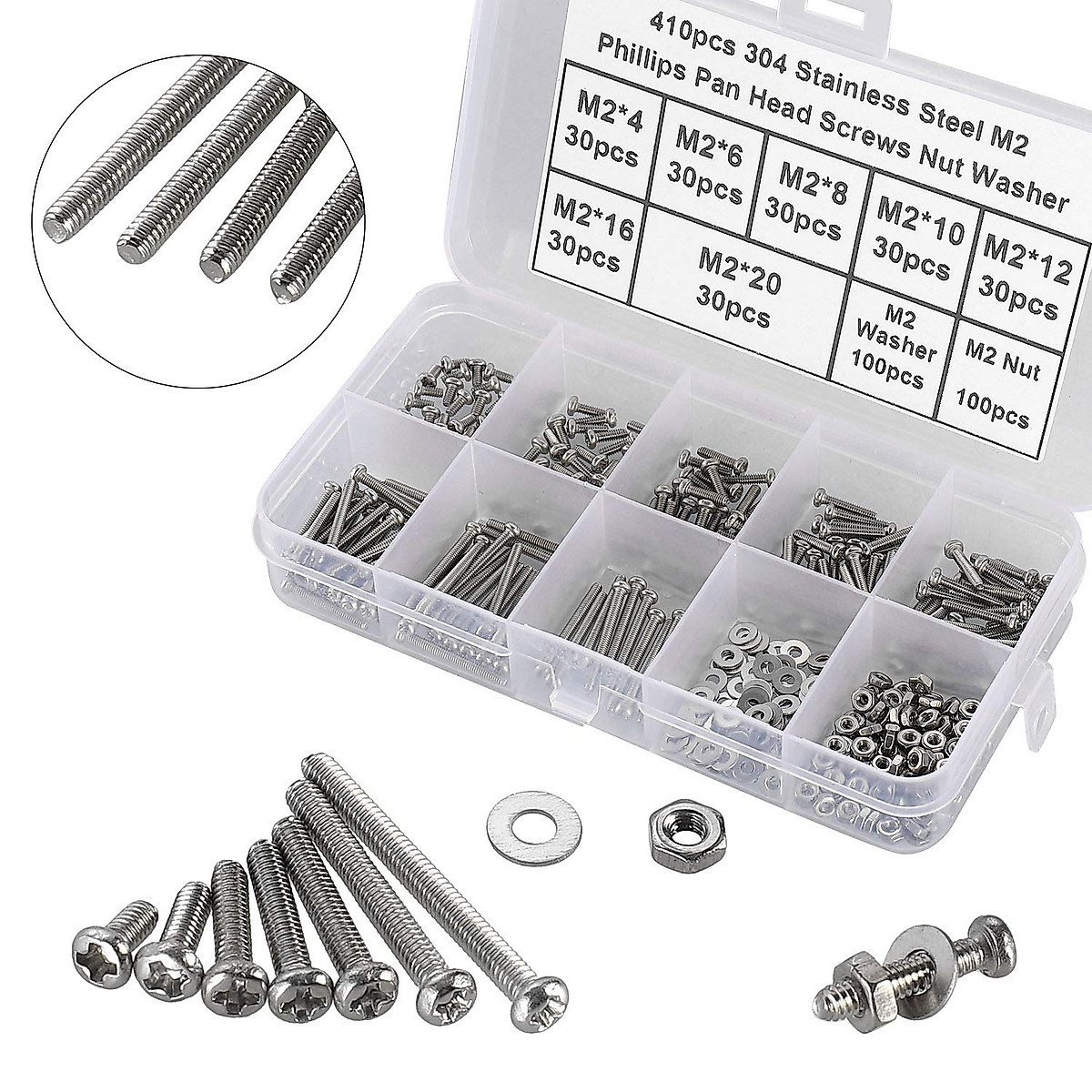 HanTof 410Pcs Tiny Phillips Pan Head Machine Screws Bolts, 18-8 Stainless Steel, M2 x 4/6/8/10/12/16/20mm, Micro/Mini Round Head Screws Nuts and Washers Assortment Kit, Fully Threaded Pitch: 0.4mm