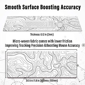 Ovenbird Large Gaming Mouse Pad with Stitched Edges, Minimalist Topographic Map Desk Mat, Extended XL Mousepad with Anti-Slip Base, Cool Desk Pad for Keyboard and Mouse, 31.5 x 11.8 in, White