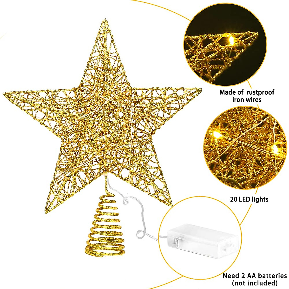 DULEFUN 11.8 Inch LED Star Tree Topper - Gold Metal Ornament with 20 Lights for Christmas Tree Decoration
