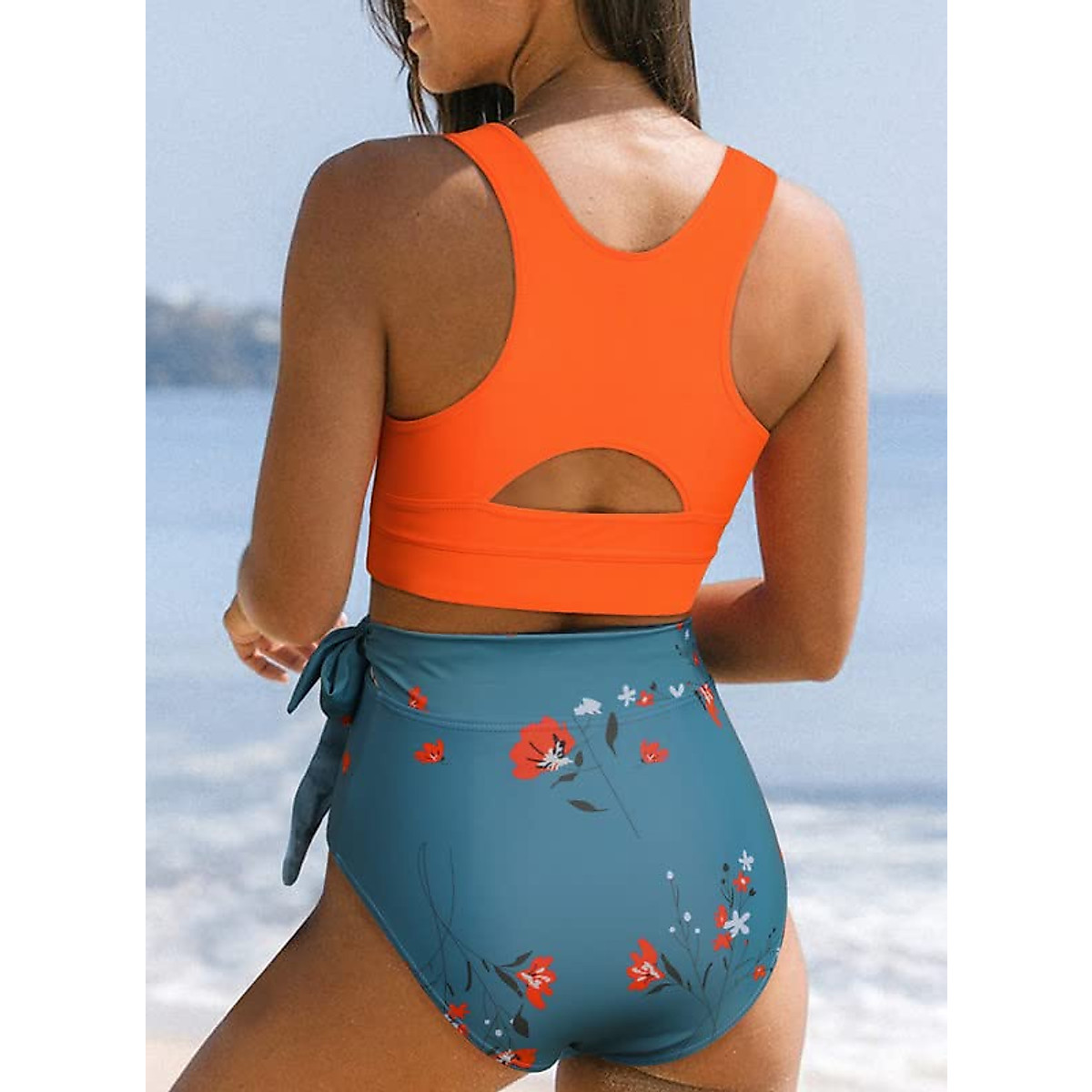 Dokotoo Womens 2 Piece Swimsuit Scoop Neck Sleeveless Racerback Tummy Control High Waisted Tie Knot Flattering Bathing Suits Long Lined Floral Bikini Orange Large