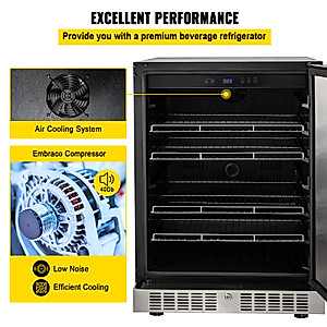 VEVOR 24'' Built-in Beverage Cooler, 5.3 cu.ft. Stainless Steel Beverage Refrigerator w/Embraco Compressor, 142 Can Beer Fridge for Home Bar Office Outdoor Indoor Use, 150L, Black & Silver