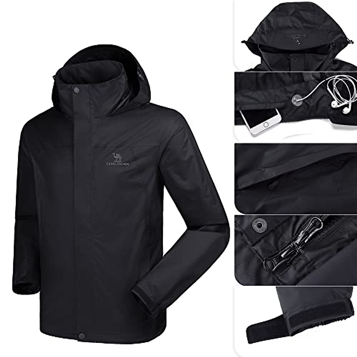 CAMEL CROWN Men's Lightweight Rain Jacket Waterproof Raincoat Windbreaker Hooded Active Outdoor Shell Jacket for Hiking Work (New Black, XXL)