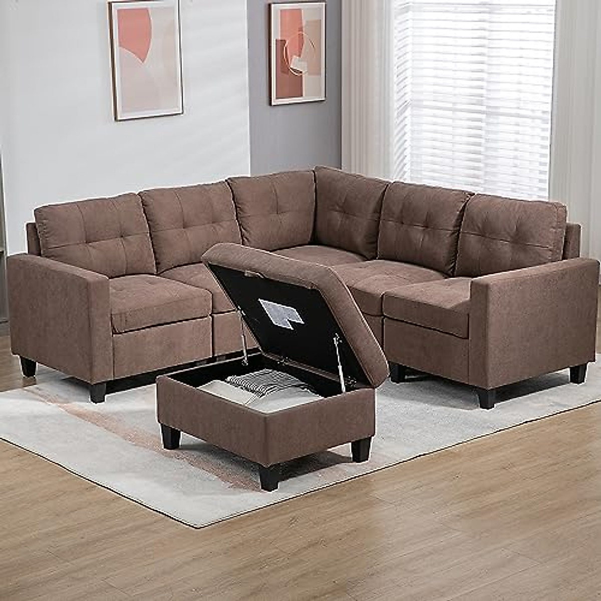 Evedy Living Room Furniture Set,L-Shaped, Modular Sectional Sofa with Left & Right Arm, Corner Chair, Ottomans Table,Extra Wide Chaise Lounge Couch for Home, Apartment (Brown)
