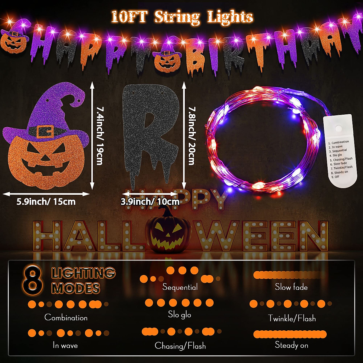 St Patrick's Day Happy Birthday Banner with Green Light, Glitter Irish Shamrock Hat LED Decorations, 8 Modes 10 Feet String Light Party Supplies(Pumpkin)