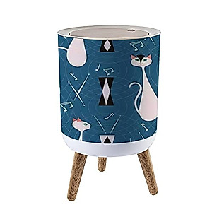 IBPNKFAZ89 Small Trash Can with Lid Beatnik 1950s Musical Cats Seamless in Dark Blue Pink Black and Green Garbage Bin Wood Waste Bin Press Cover Round Wastebasket for Bathroom Bedroom Office Kitchen