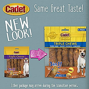 Cadet Gourmet Triple Chews Pork Hide, Sweet Potato, & Chicken Dog Treats - Healthy Dog Treats for Small & Large Dogs - Inspected & Tested in USA (6 Count)