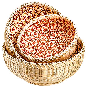 Elsjoy Set of 3 Wicker Woven Storage Basket, Bamboo Bread Basket Round Rattan Serving Basket Farmhouse Decor for Fruits, Vegetables, Potatoes, Stackable 9.6"/8"/7"