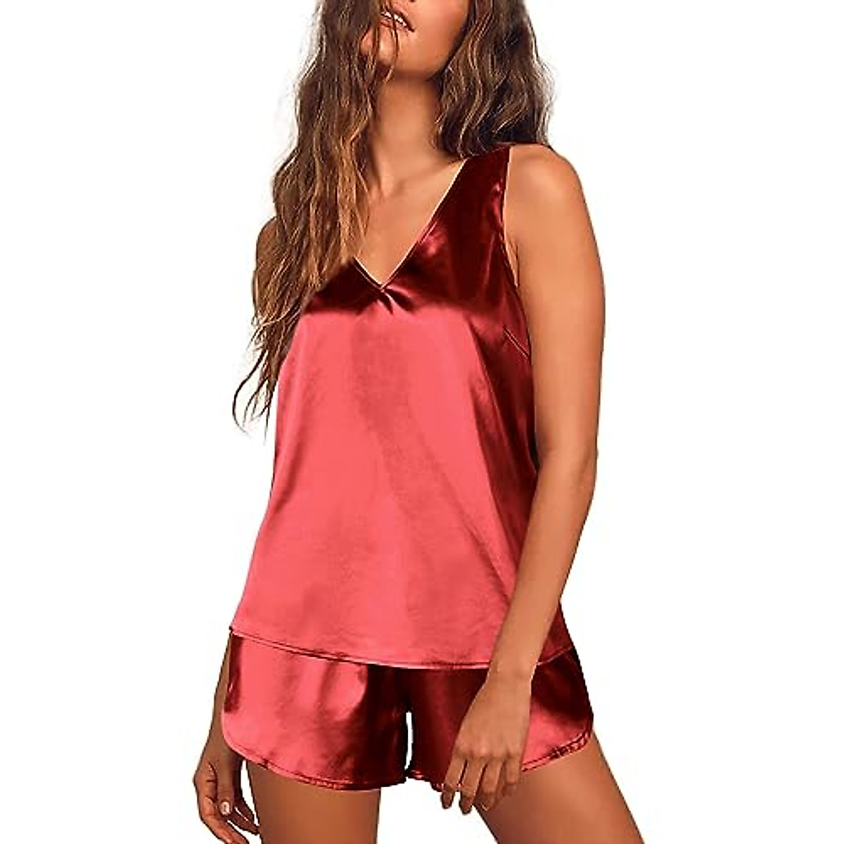 Ekouaer Silk Satin Pajamas Tank Top Pajama Short Sets Sleeveless Silky Pjs V Neck Lounge Sets Sleepwear for Women Wine Red S