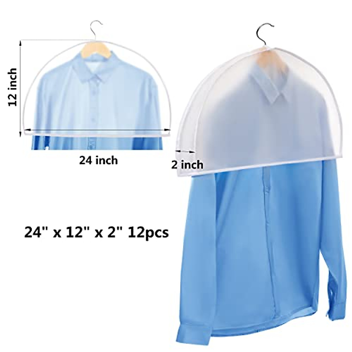Shoulder Covers Plastic Hanger Covers for Clothes (Set of 12) Closet Clothes Protectors Breathable Clear Jacket Cover with 2" Gusset for Suit, Coat, Jackets, Blouses, Dress - 24'' x12" x2''/12 Pack
