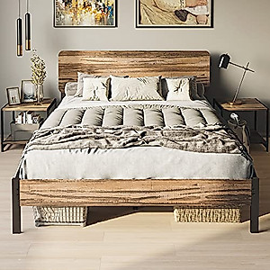 LIKIMIO Queen Size Bed Frame, Bed Frame Full with Headboard and Heavy Strong Supports/Noise-Free/No Box Spring Needed/Rustic Brown