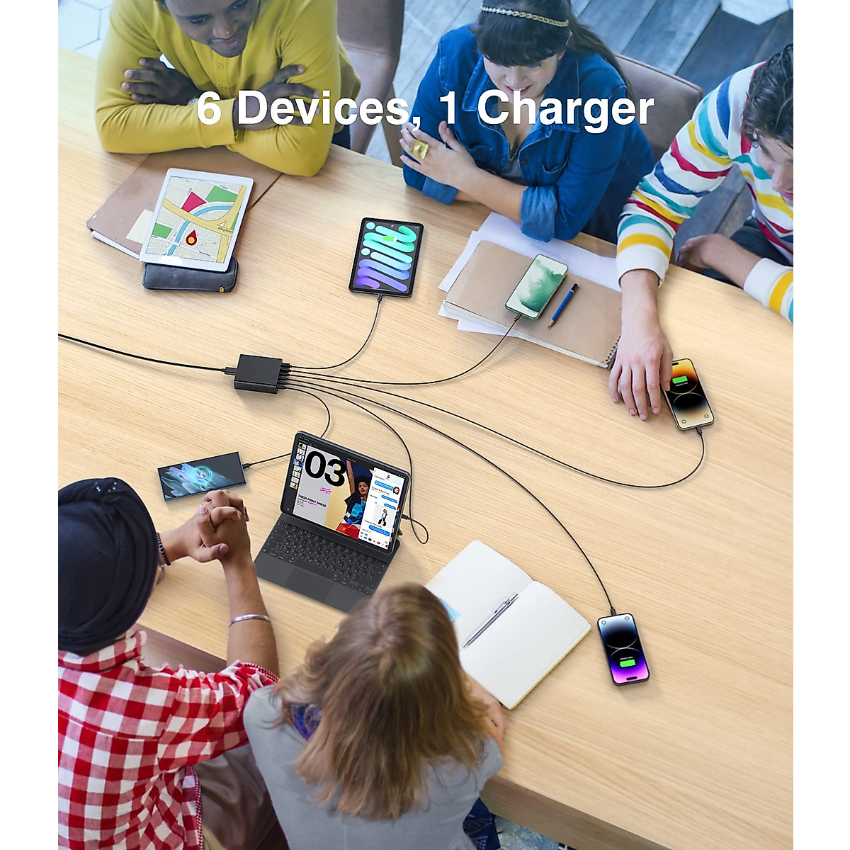 USB C Fast Charger 100W GaN 6 Port Type USB C Charging Block Station Hub USB C Wall Charger Power Strip Adapter 4 USB C and 2 QC USB A for iPad iPhone 15 14 13 12 11 Pro Max Pixel Note Samsung Galaxy